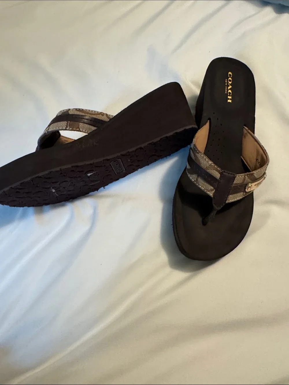 Coach | Shoes | Coach Brown Logo Canvas Thong Sandals With Black ...